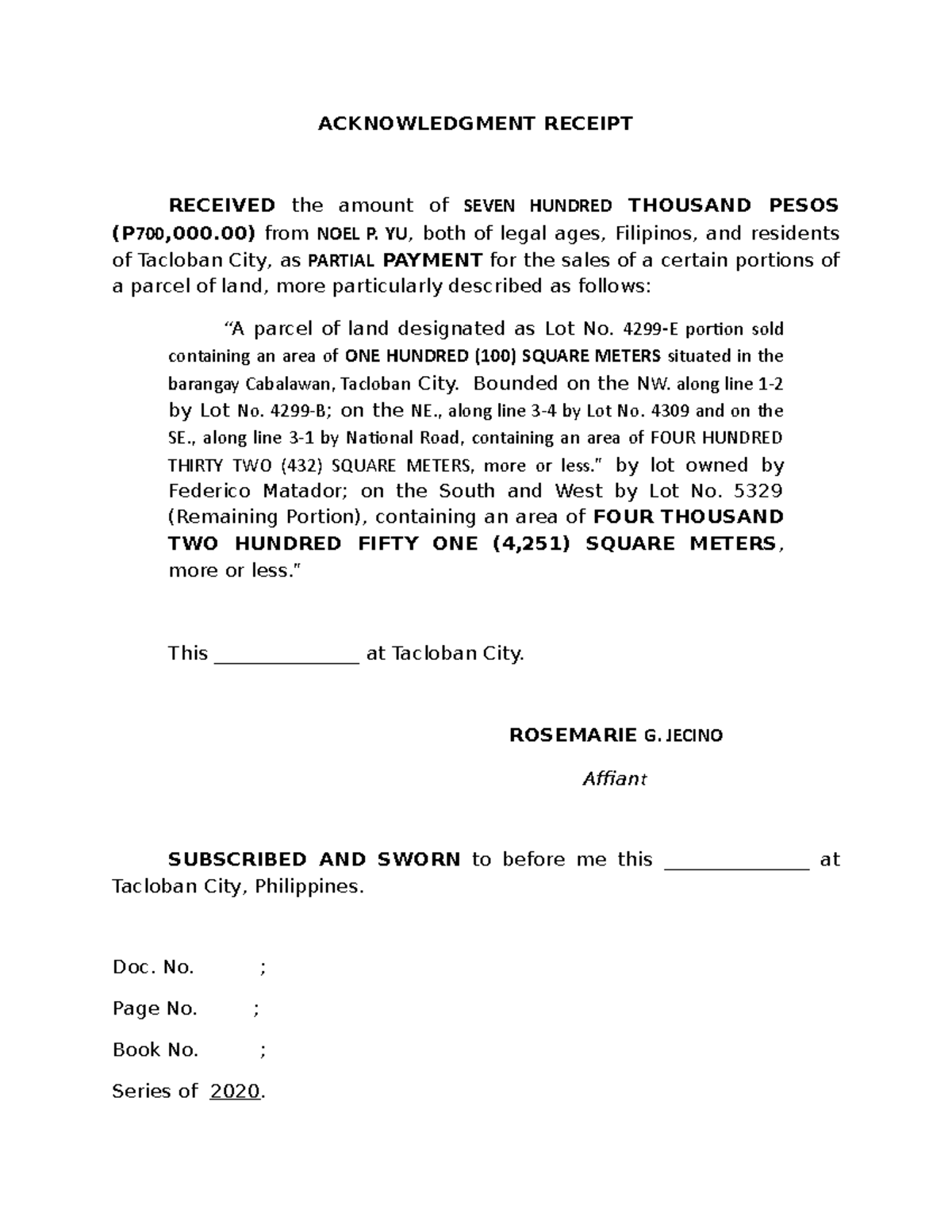 Acknowledgment- Jecino - ACKNOWLEDGMENT RECEIPT RECEIVED the amount of ...