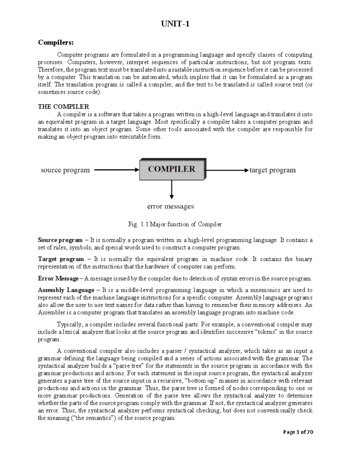 Unit-1 - unit-1 notes - UNIT- Compilers: Computer programs are ...