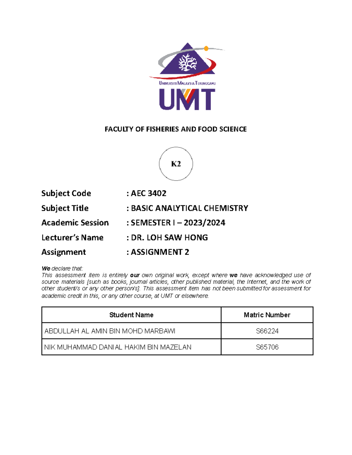 Front Page Assignment 2 - FACULTY OF FISHERIES AND FOOD SCIENCE Subject ...