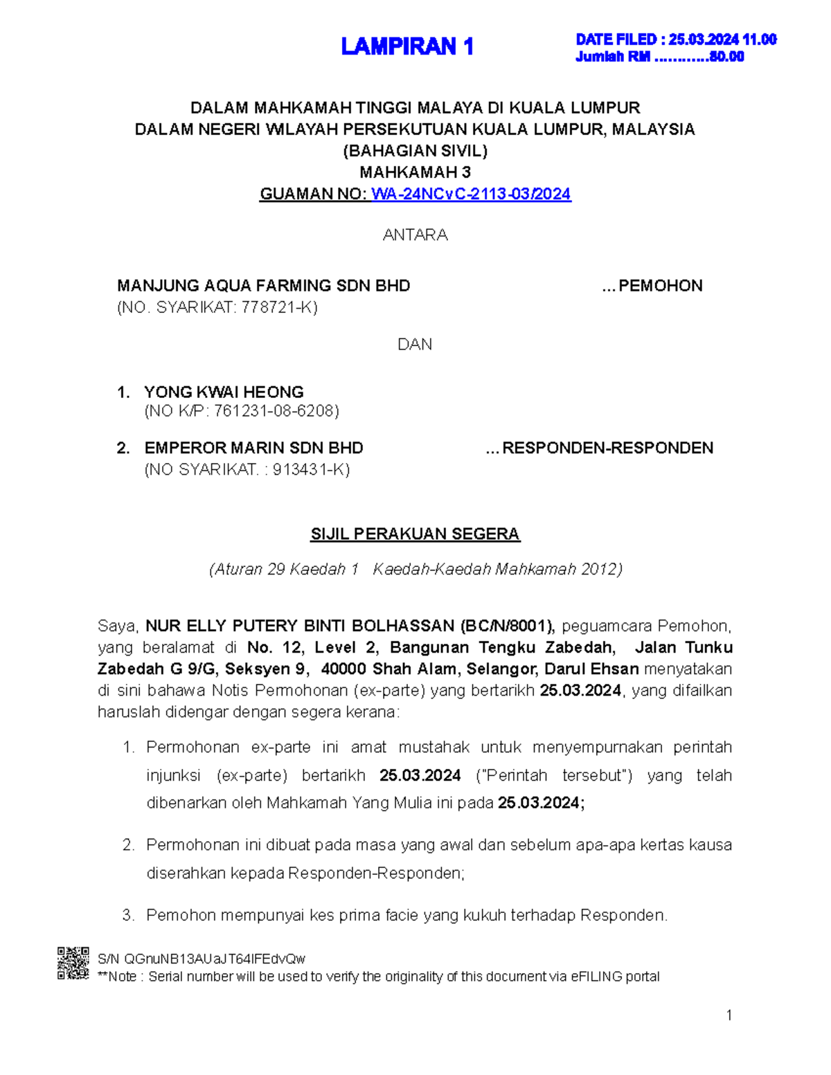 Perakuan Segera APO - Google Docs - DALAM MAHKAMAH TINGGI MALAYA DI ...