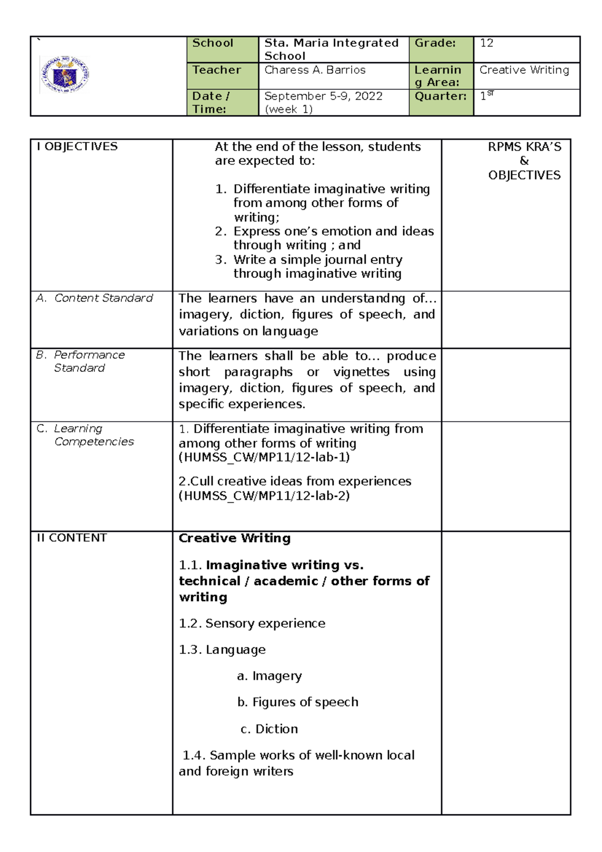 Creative writing week 1 - ` School Sta. Maria Integrated School Grade ...