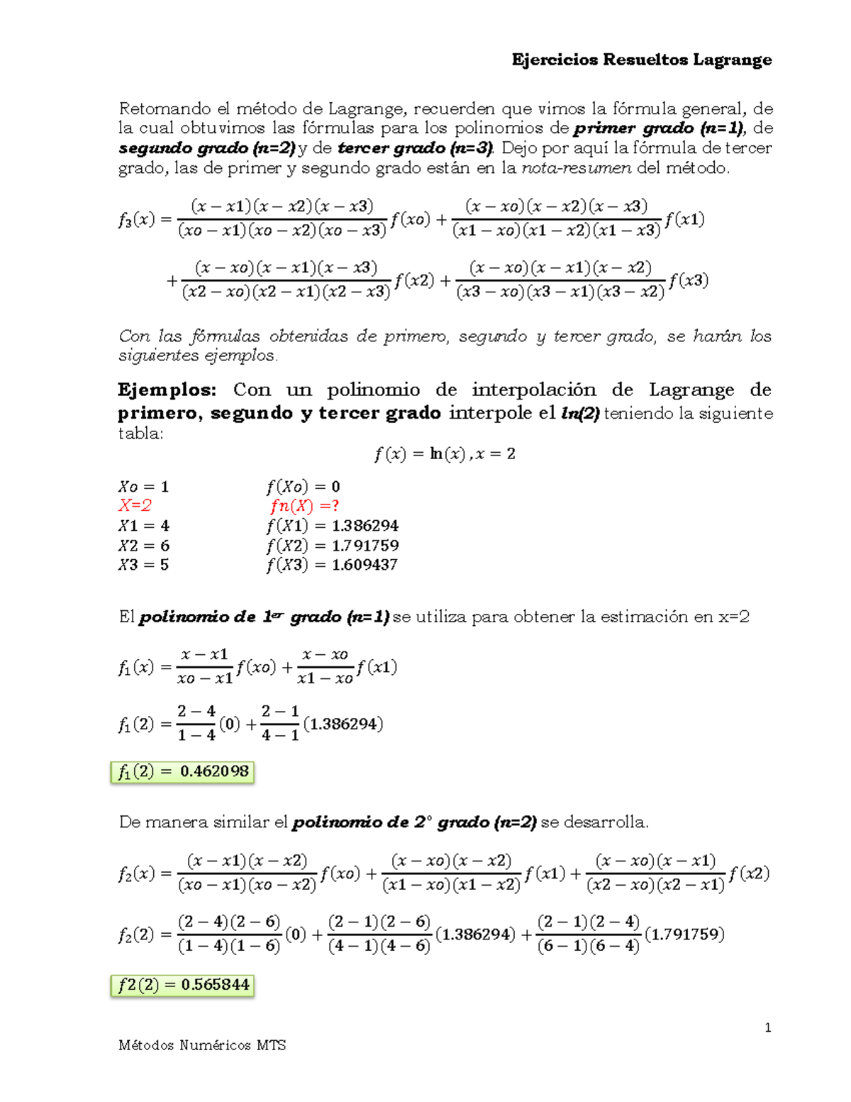 Problemas Resueltos Lagrange - Ejercicios Resueltos Lagrange 1 Métodos Numéricos MTS Retomando ...