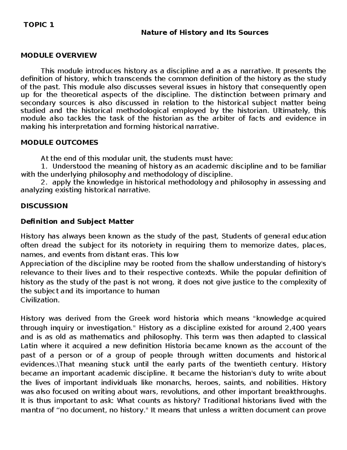 Readings in Phil. History module - TOPIC 1 Nature of History and Its ...