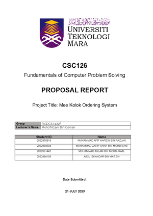 CSC128 Project Report - CSC128: FUNDAMENTALS OF COMPUTER PROBLEM SOLVING TOTAL MARKS – 100 I ...