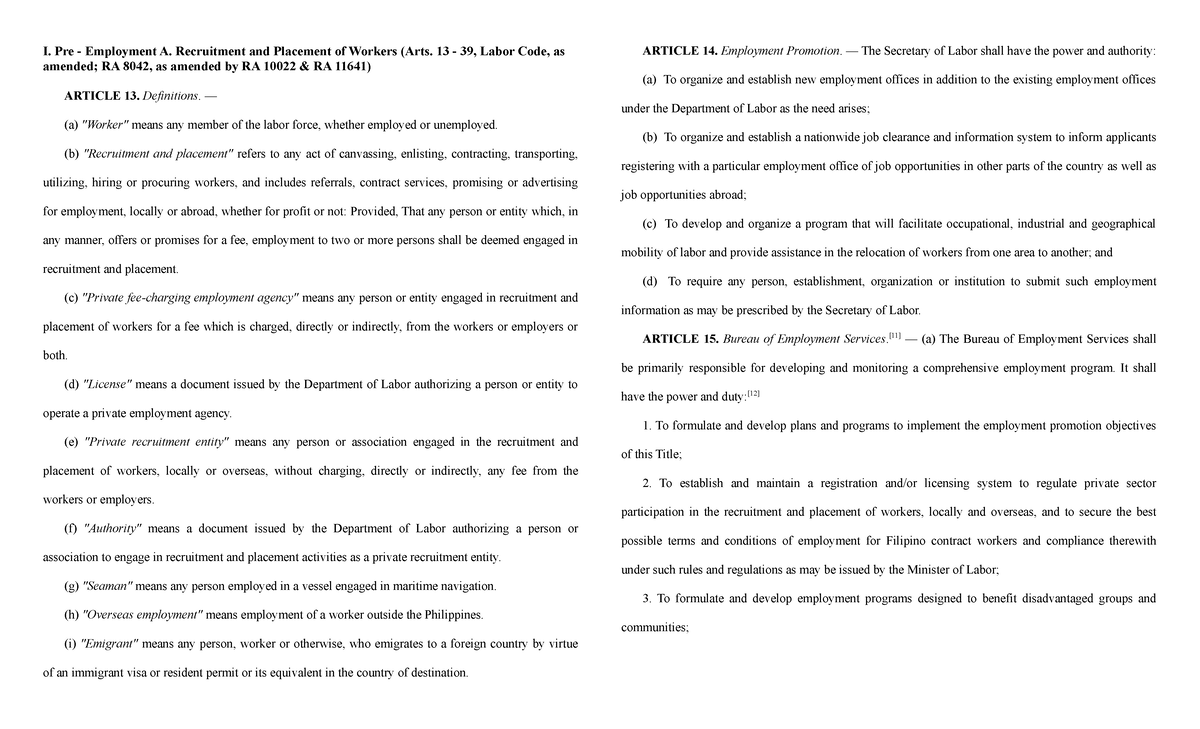 Labor week 1 - I. Pre - Employment A. Recruitment and Placement of ...