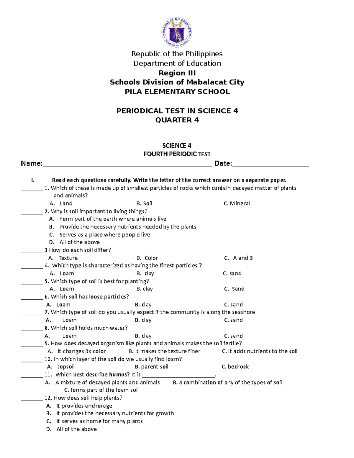 PT Science 4 - Q4 V2 - PERSONAL NOTES - Republic of the Philippines ...