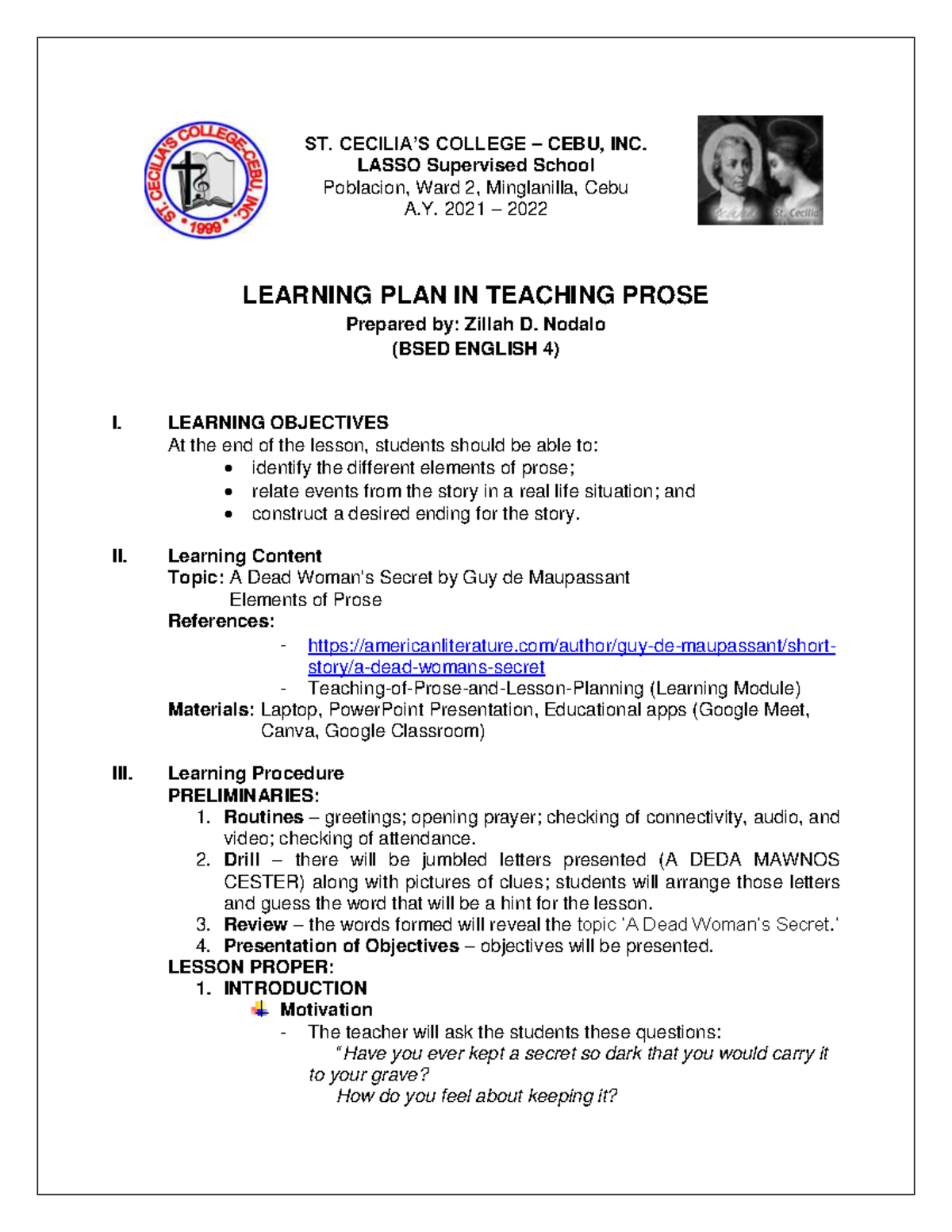 LP FOR Prose - Nodalo - ST. CECILIA’S COLLEGE – CEBU, INC. LASSO ...