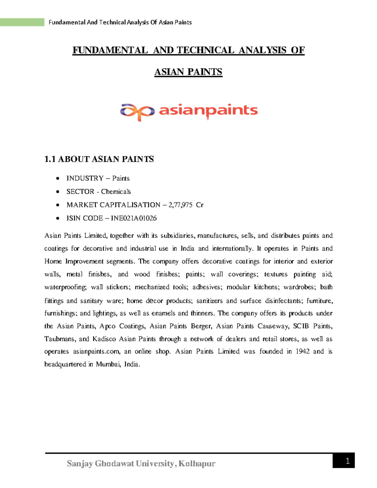 Asian paints report - FUNDAMENTAL AND TECHNICAL ANALYSIS OF ASIAN ...