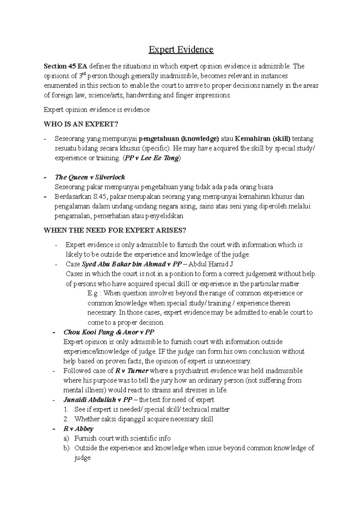 Expert-Evidence-notes-final - Expert Evidence Section 45 EA defines the ...