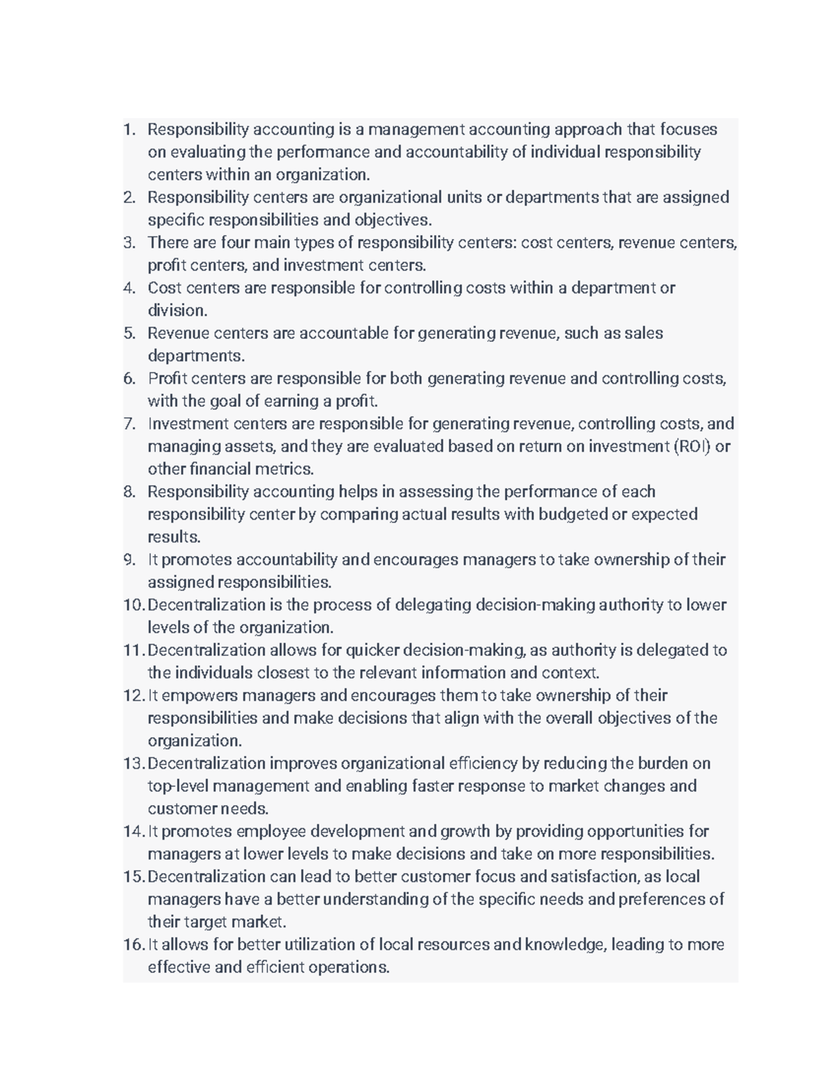 Responsibility accounting and decentralization Notes - Responsibility ...