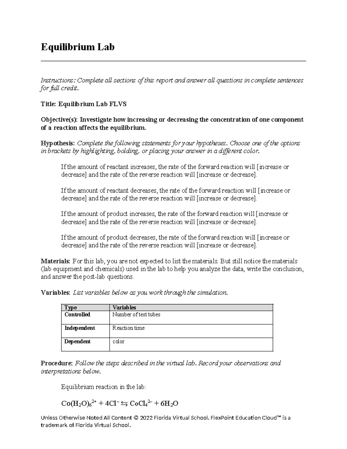 Lab report equilibrium - Equilibrium Lab Instructions: Complete all ...