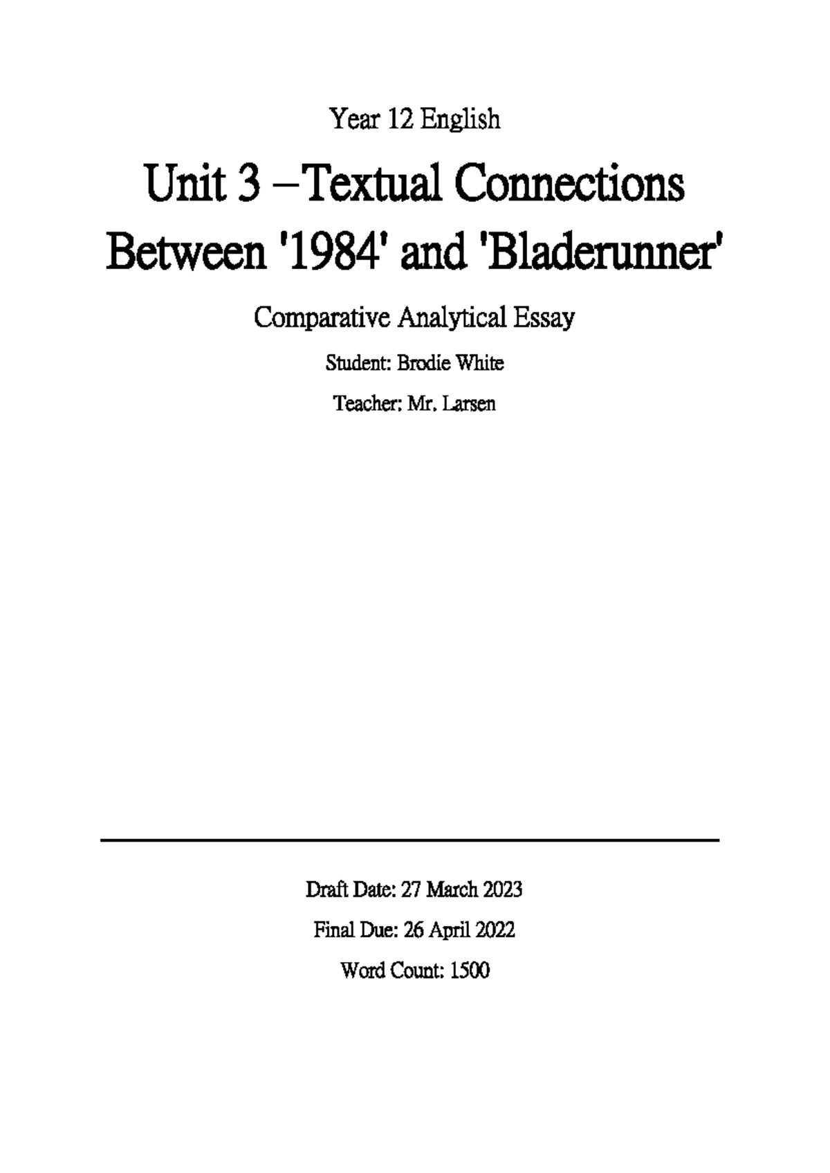 English Assignment Yr 12 Final - Year 12 English Unit 3 – Textual ...