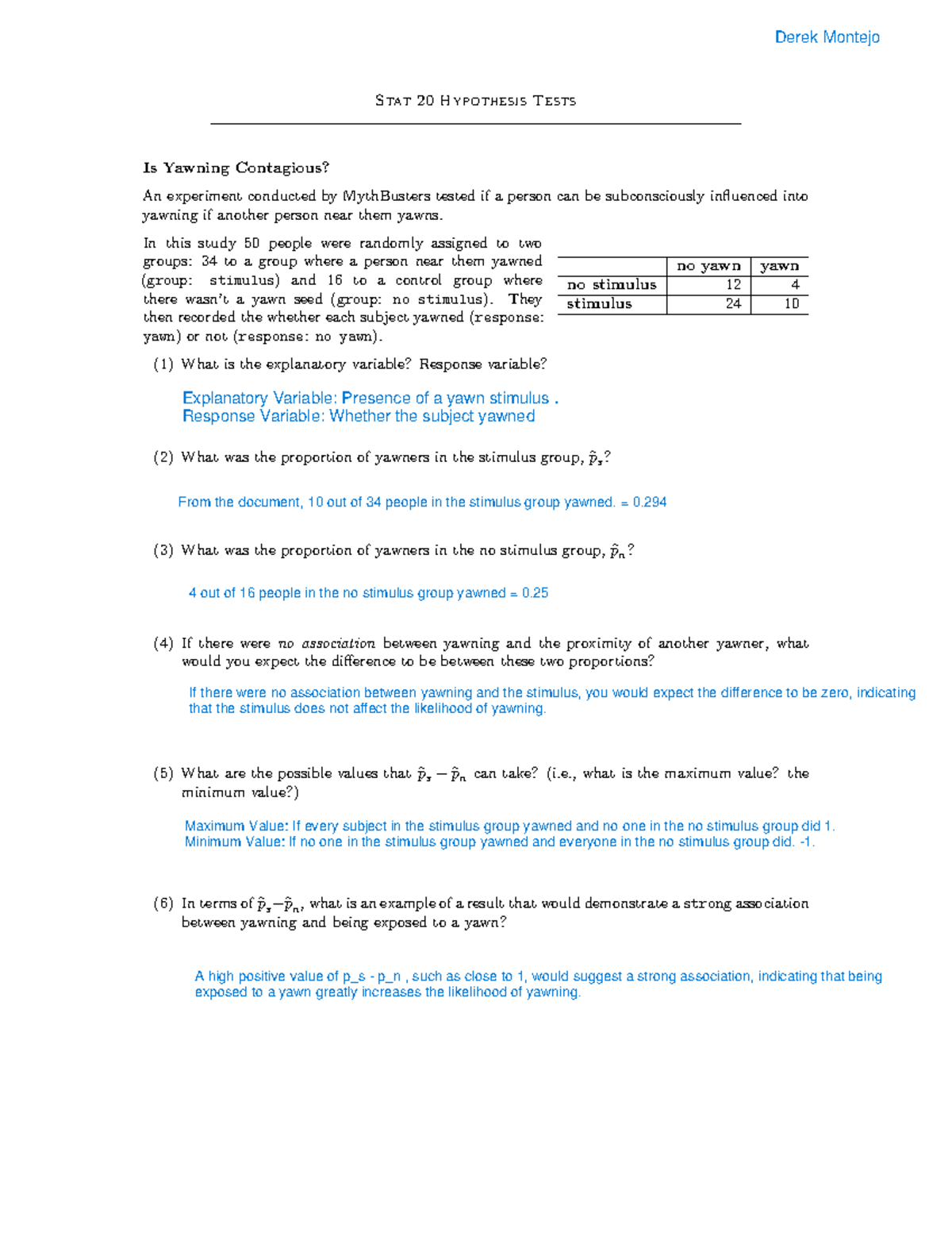 Problem Sheet 14 - Stat 20 Hypothesis Tests Is Yawning Contagious? An ...