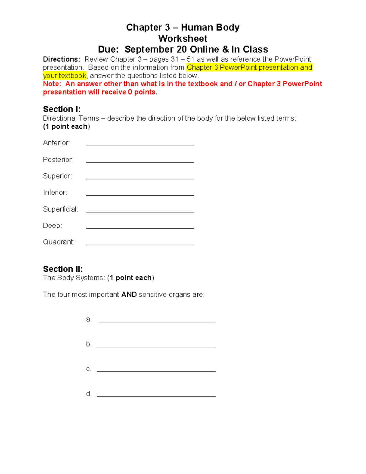 Chapter 3 Human Body Worksheet Fall 22 - Chapter 3 – Human Body ...