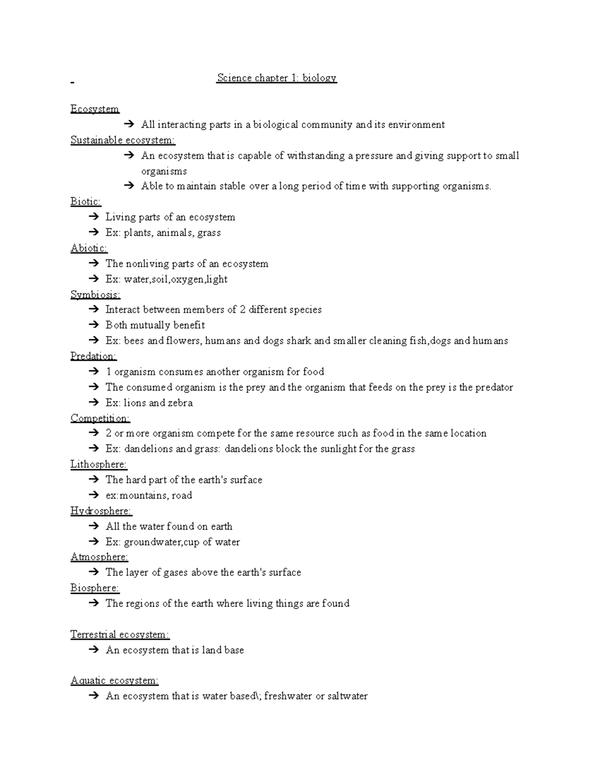 Science chapter 1: biology - Science chapter 1: biology Ecosystem All ...