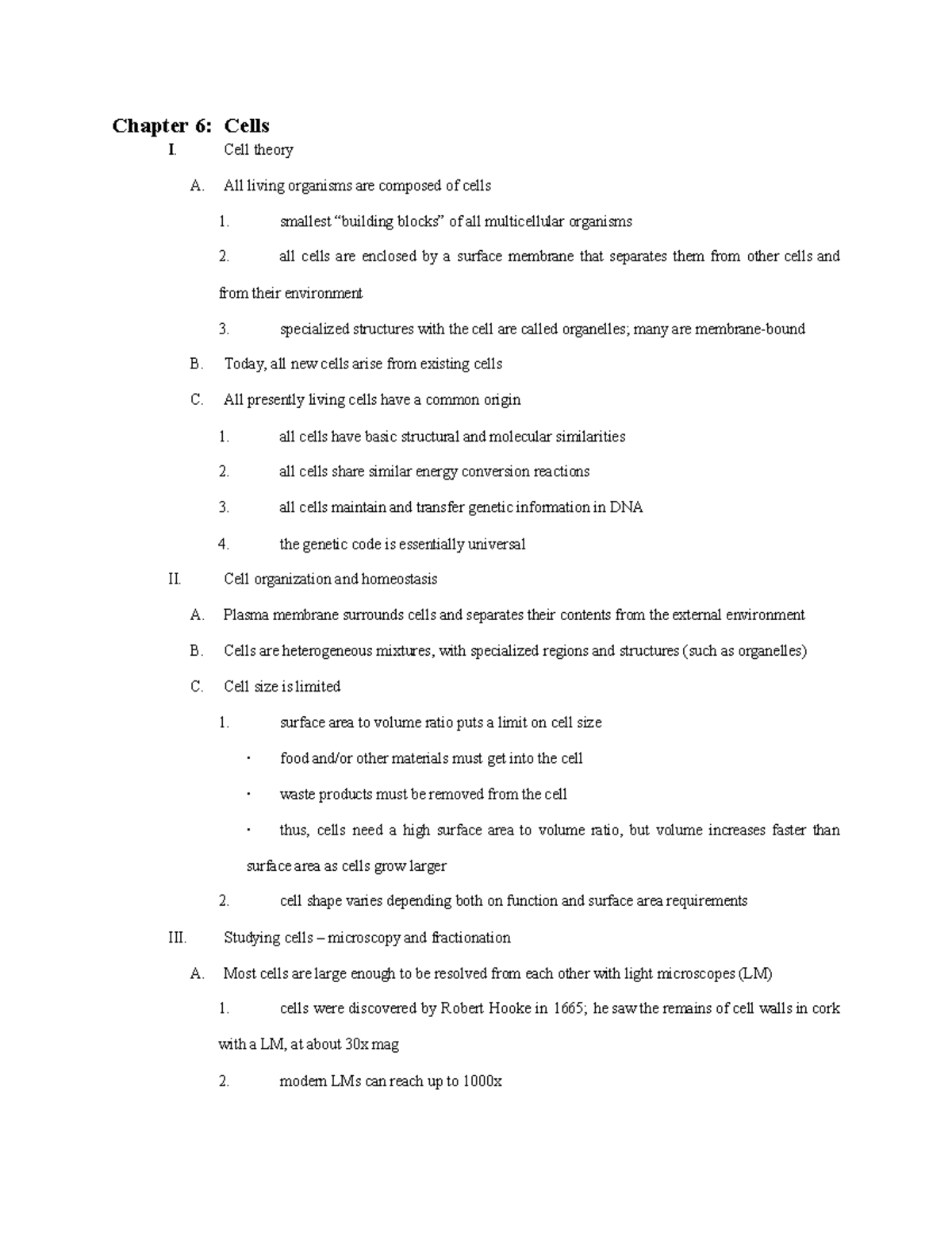 Biology- Chapter 6- cells - Chapter 6: Cells I . Cell theory A. All ...