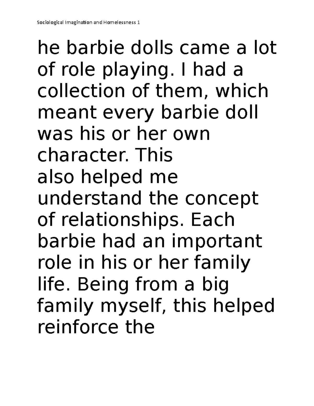 Week 1 Sociology paper 1 - he barbie dolls came a lot of role playing ...