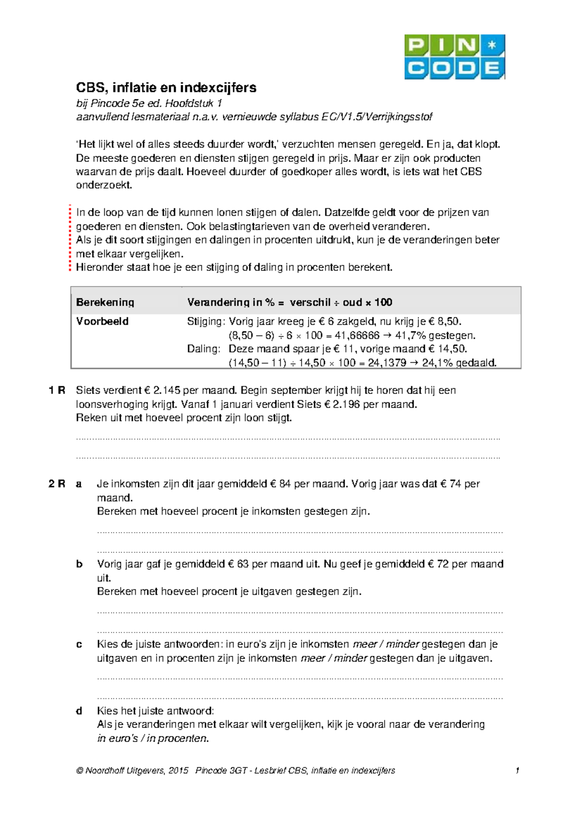 Lesbrief CBS, inflatie en indexcijfers - CBS, inflatie en indexcijfers ...