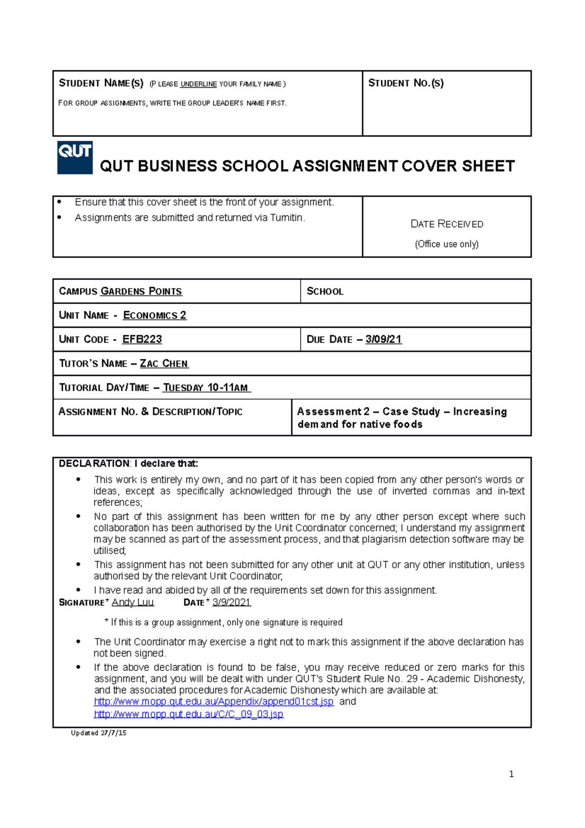 EFB223 Case Study - Sheet and structure - STUDENT NAME(S) (PLEASE ...