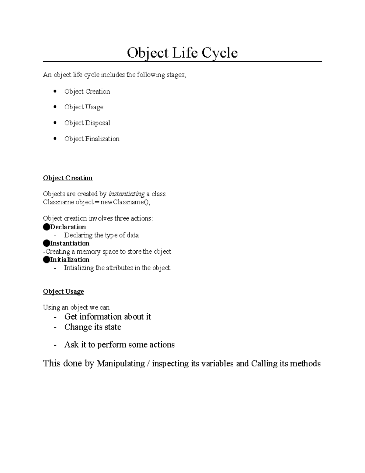 Object Life Cycle The Document Above Contains Notes On Programming Object Life Cycle An