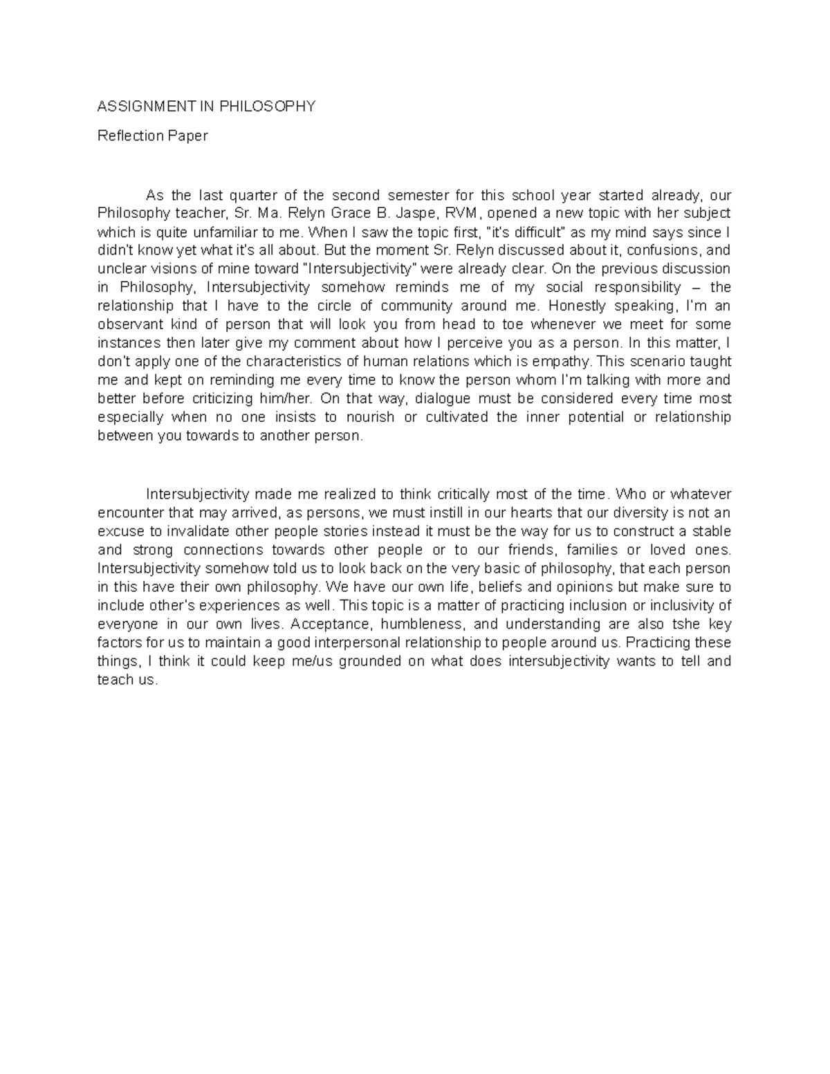 Assignment IN Philosophy - ASSIGNMENT IN PHILOSOPHY Reflection Paper As ...
