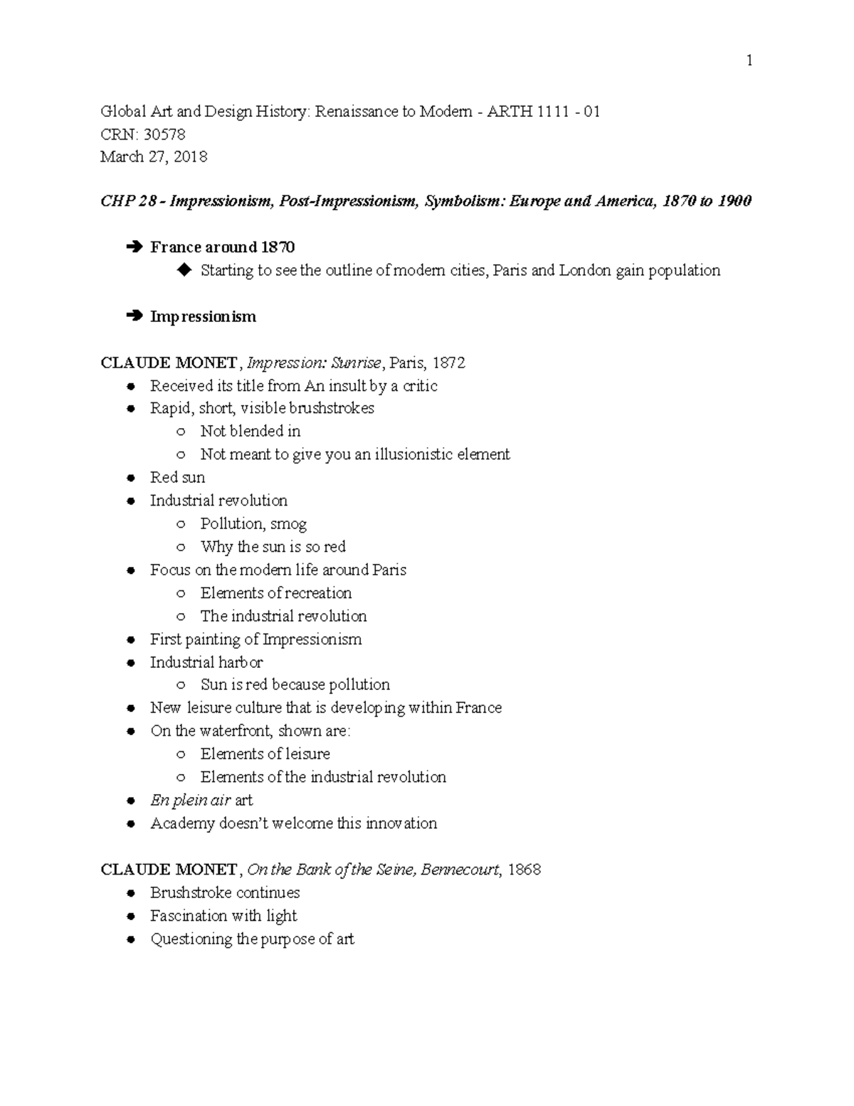 CHP 28 - Impressionism, Post-Impressionism, Symbolism Europe and ...