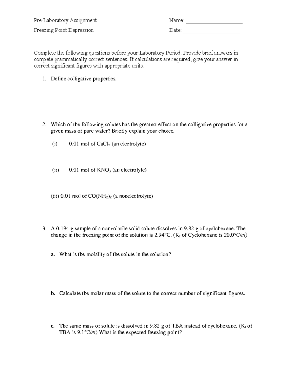 Pre Lab FP Depression - Pre-Laboratory Assignment Name: ____________________ Freezing Point ...