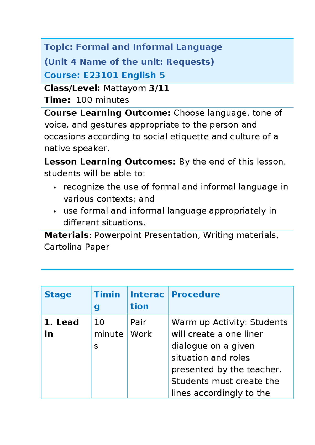 Lesson Plan For Observation - Topic: Formal and Informal Language (Unit ...