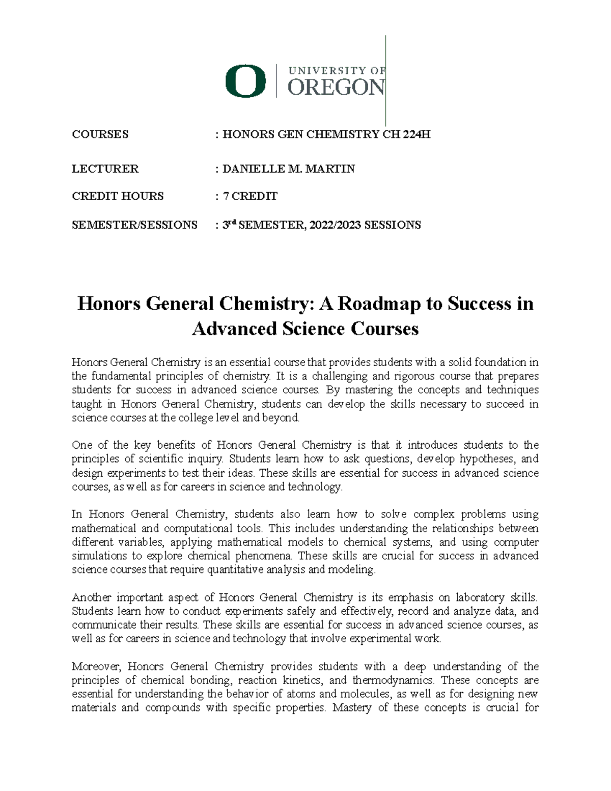 Honors General Chemistry - A Roadmap to Success in Advanced Science ...