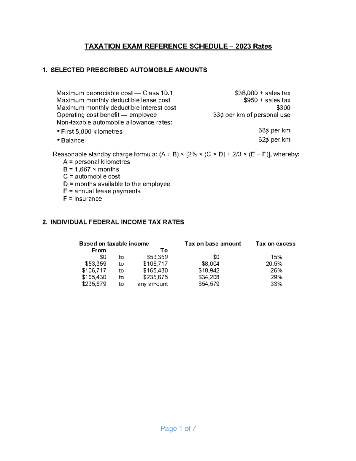Tax Reference Schedules Fall 2023 - TAXATION EXAM REFERENCE SCHEDULE ...