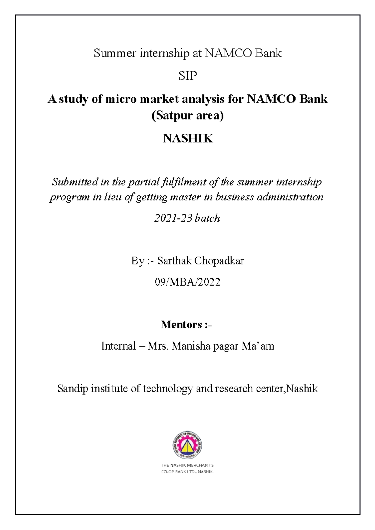 SIP report - xxx - Summer internship at NAMCO Bank SIP A study of micro ...
