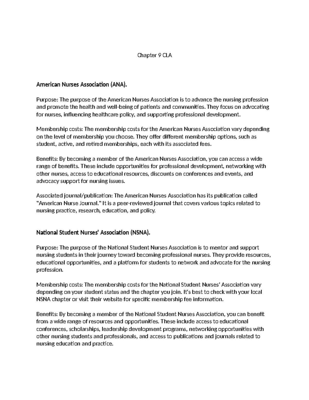 Chapter 9 CLA - Chapter 9 CLA American Nurses Association (ANA ...