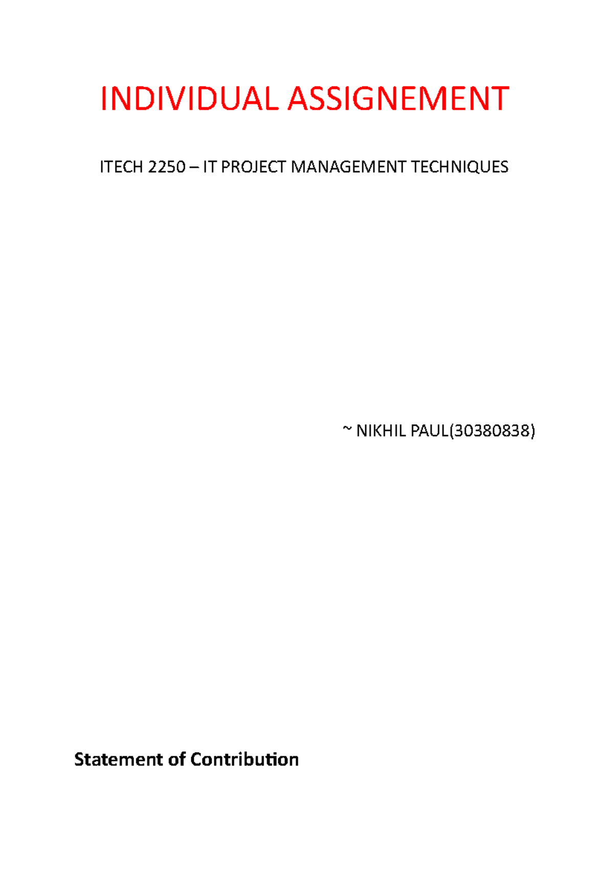 Individual assignment itech 2250 - INDIVIDUAL ASSIGNEMENT ITECH 2250 ...