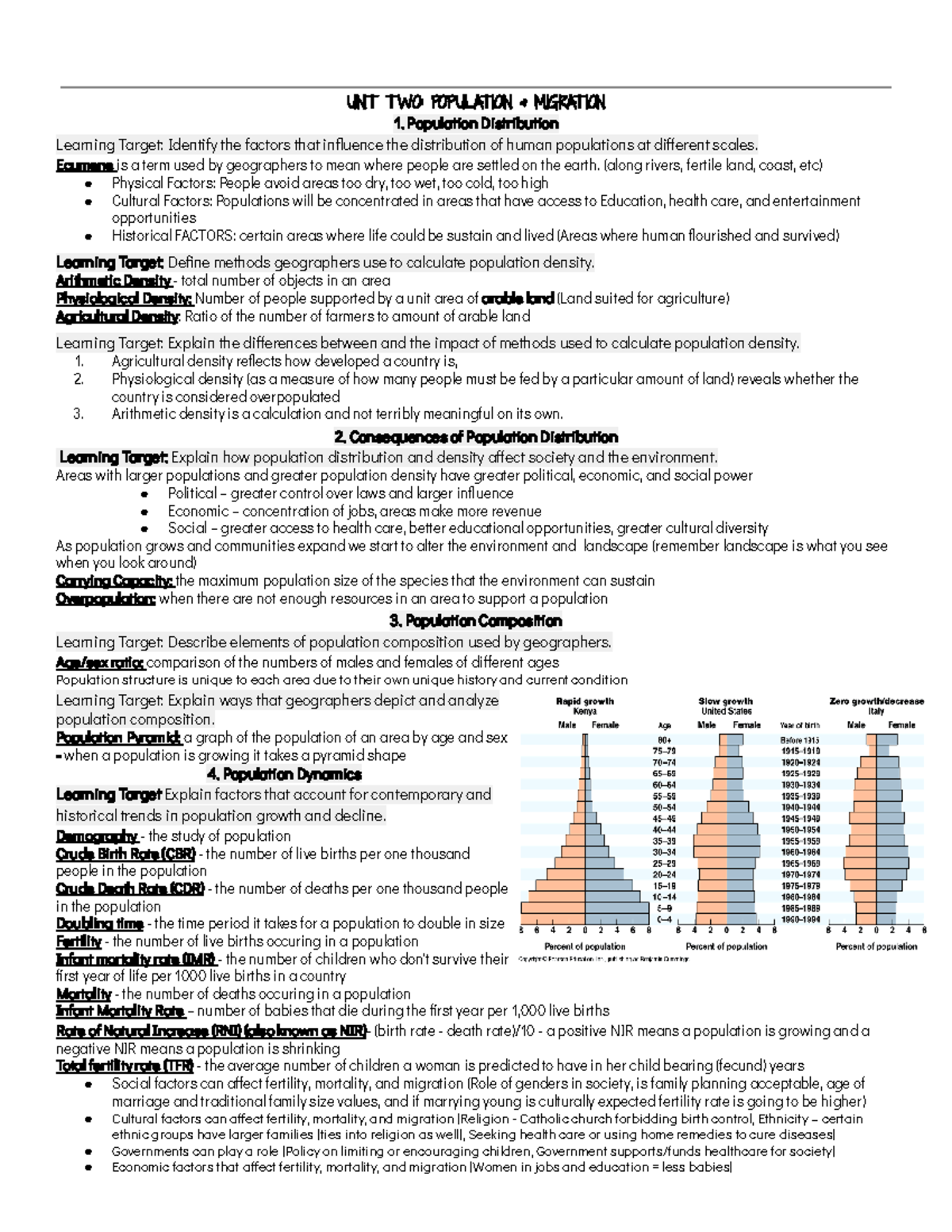Copy of Review-AP Human Geography CED Notes - UNIT T WO: POPULAT ION ...