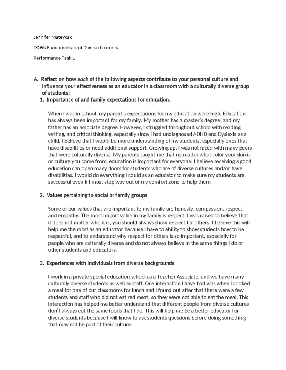 D096- Performance Assessment Task 1 Passed 1st attempt - Jennifer ...