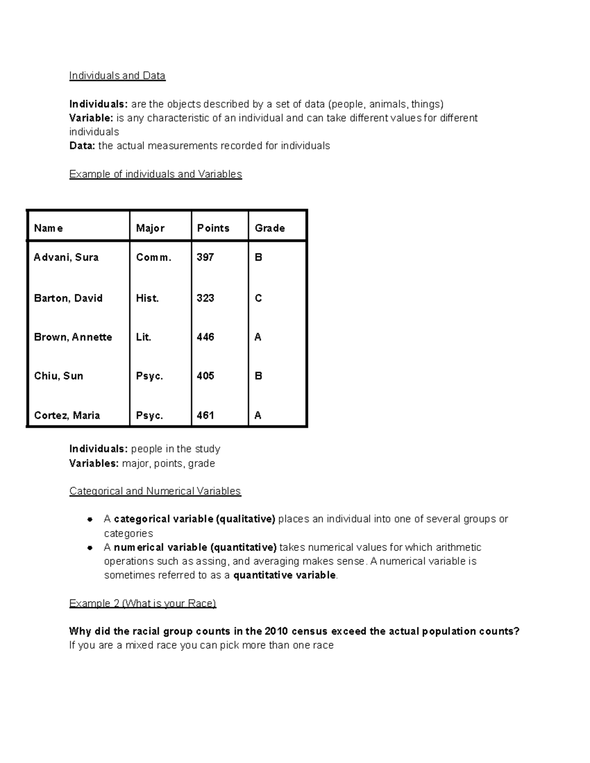 Chapter One Stat Notes - Individuals and Data Individuals: are the ...