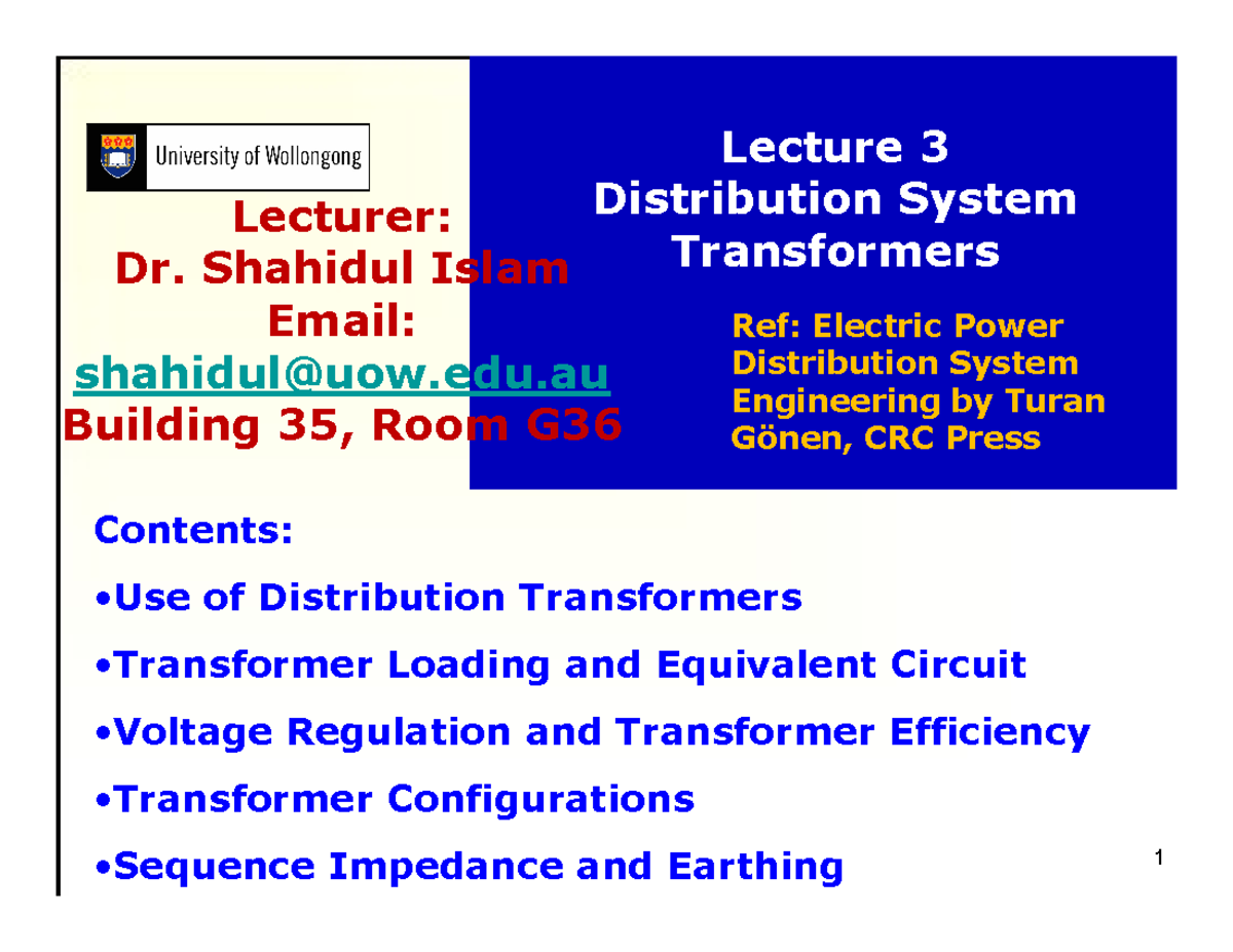 Week 3 Lecture Distribution System Transformers v1 - 1 Lecture 3 Distribution System ...