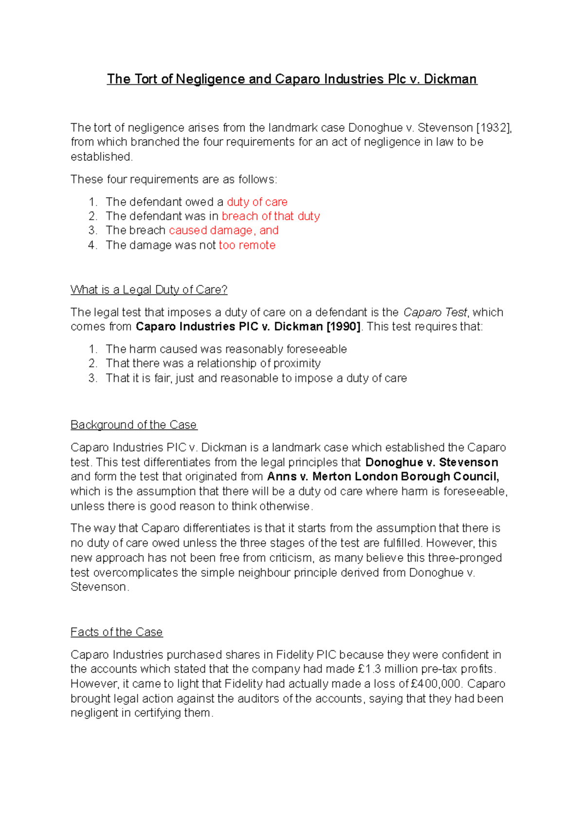 The Tort of Negligence and Caparo Industries Plc v Dickman - Dickman ...