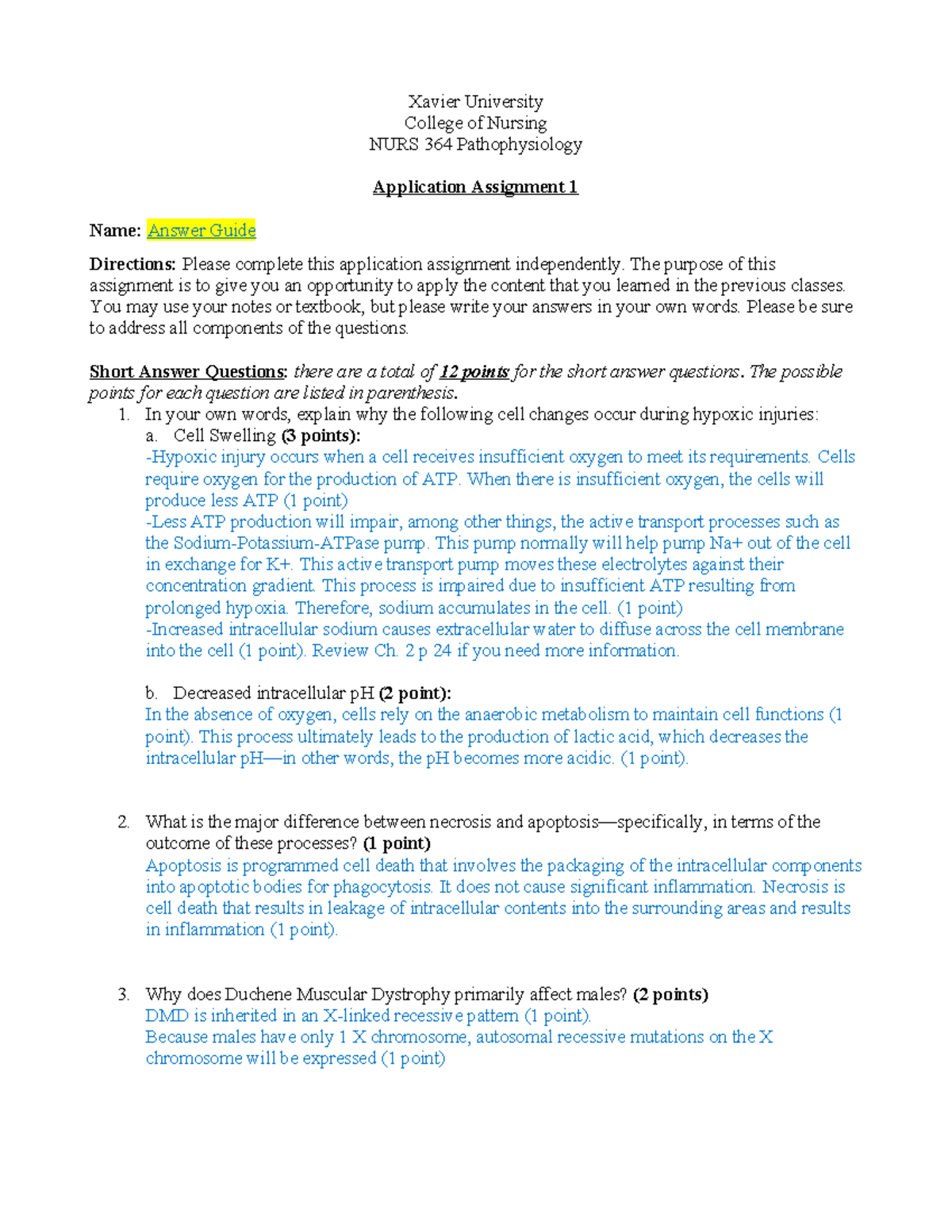 Application Assignment 1 Answer Guide NURS364sp2023 - Tagged - Xavier University College of ...