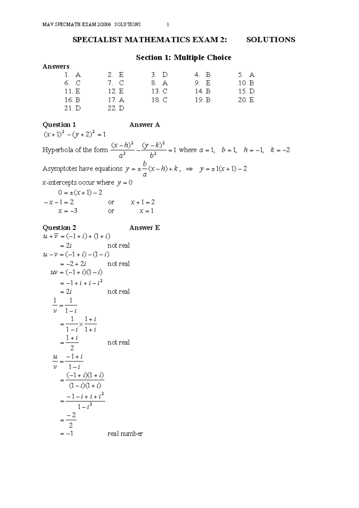 SM Exam 2 Answers v1 - SPECIALIST MATHEMATICS EXAM 2: SOLUTIONS Section ...