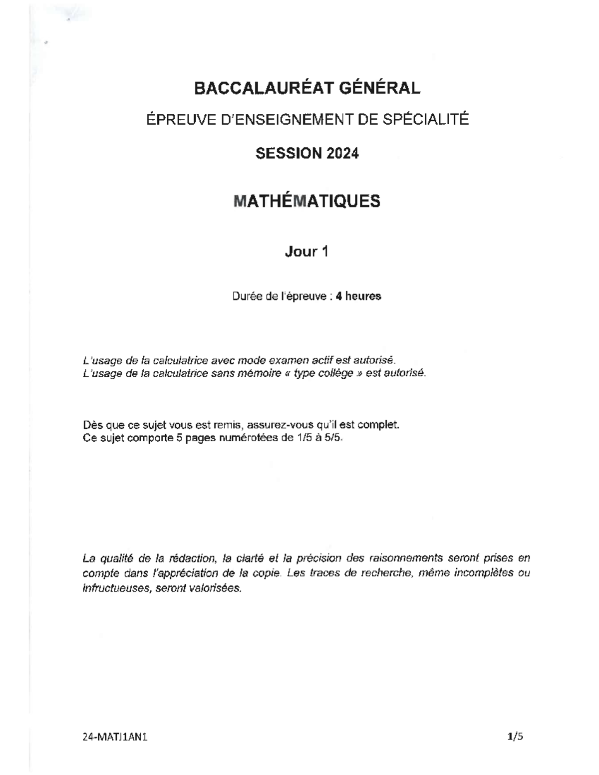 Sujet bac maths spe amerique nord 2024 epreuve 1 - Mathématiques - Studocu