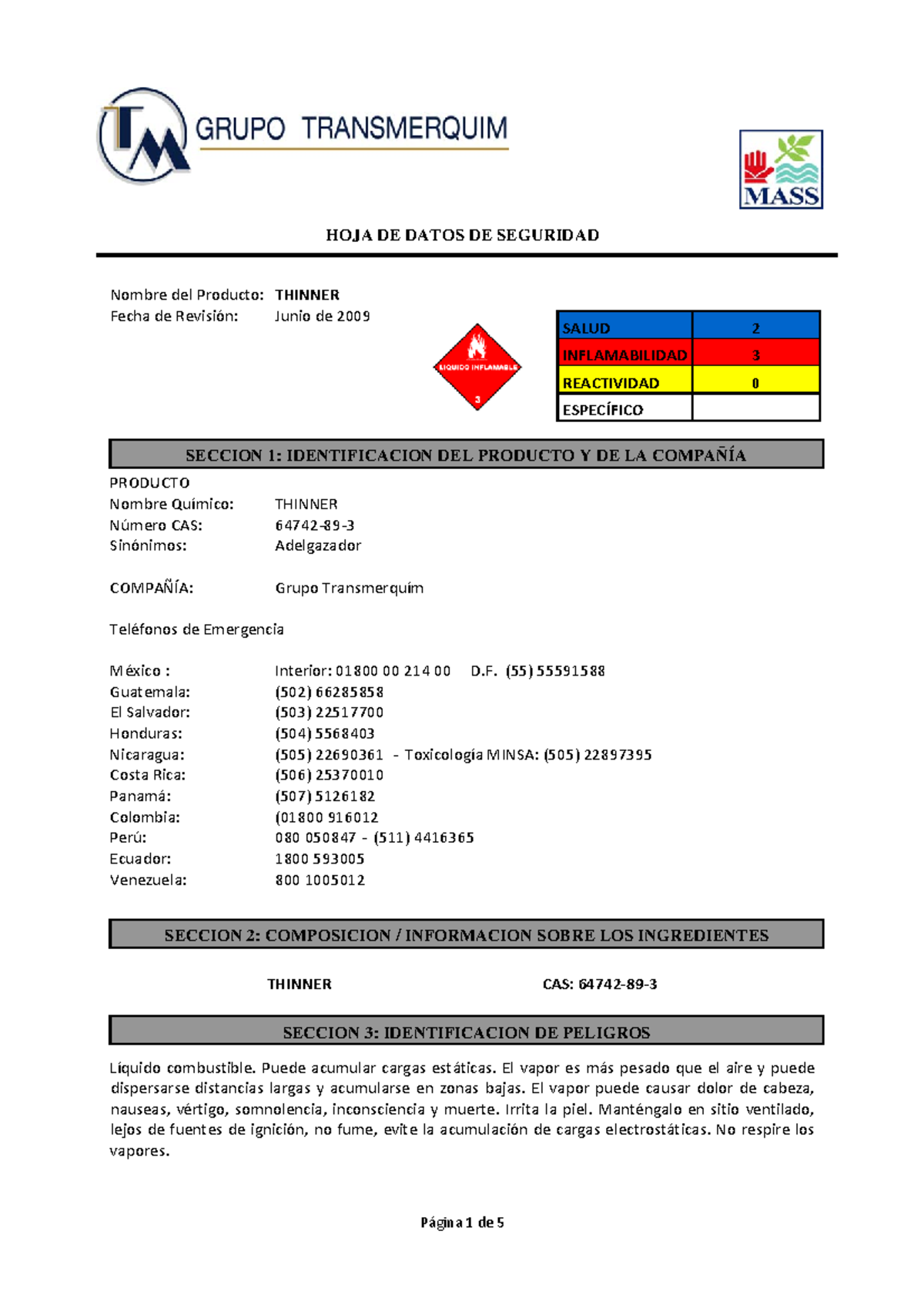MSDS Thinner - Trabajo de Hojas de seguridad producto químico - HOJA DE ...