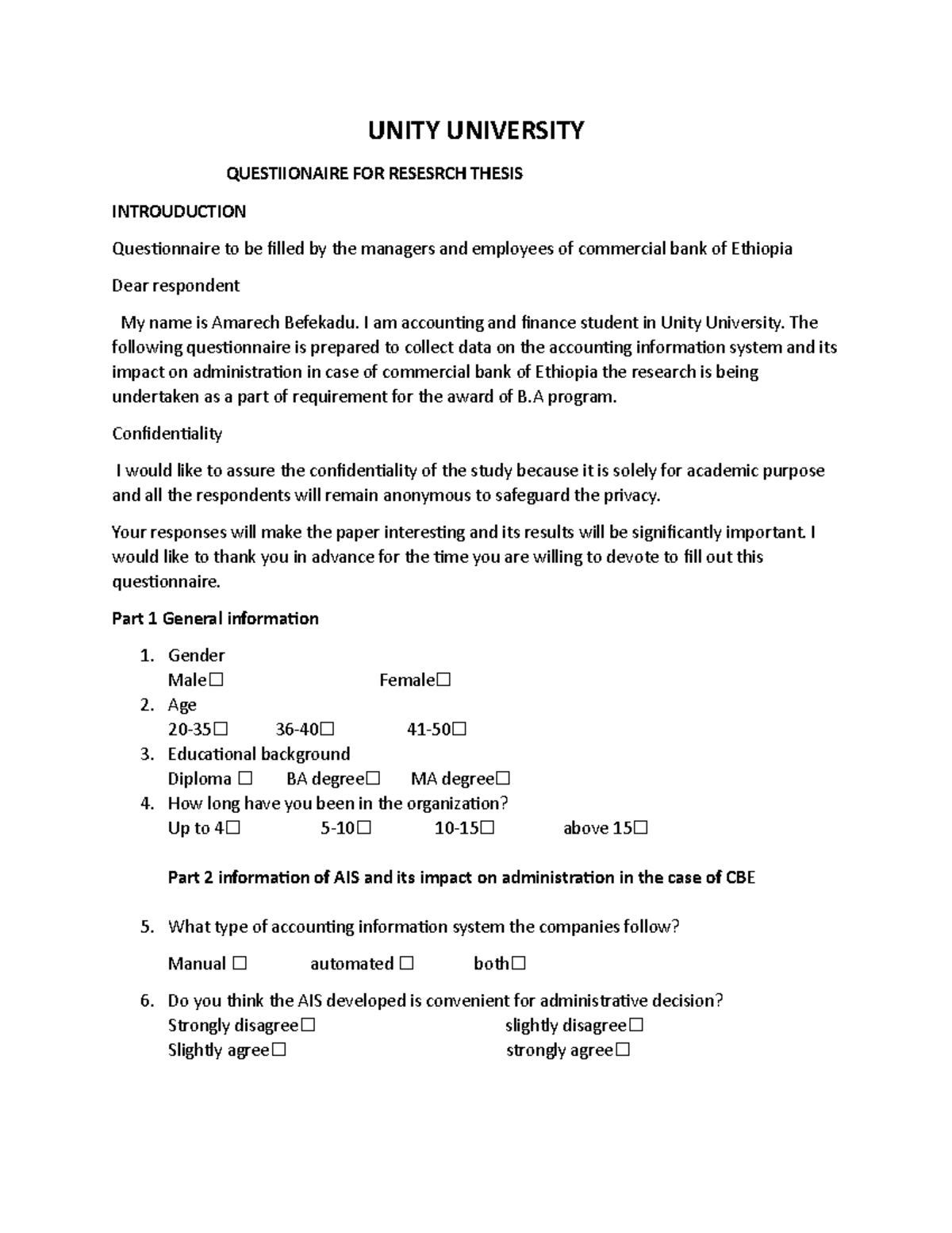 Questionaire unity - Research - Studocu
