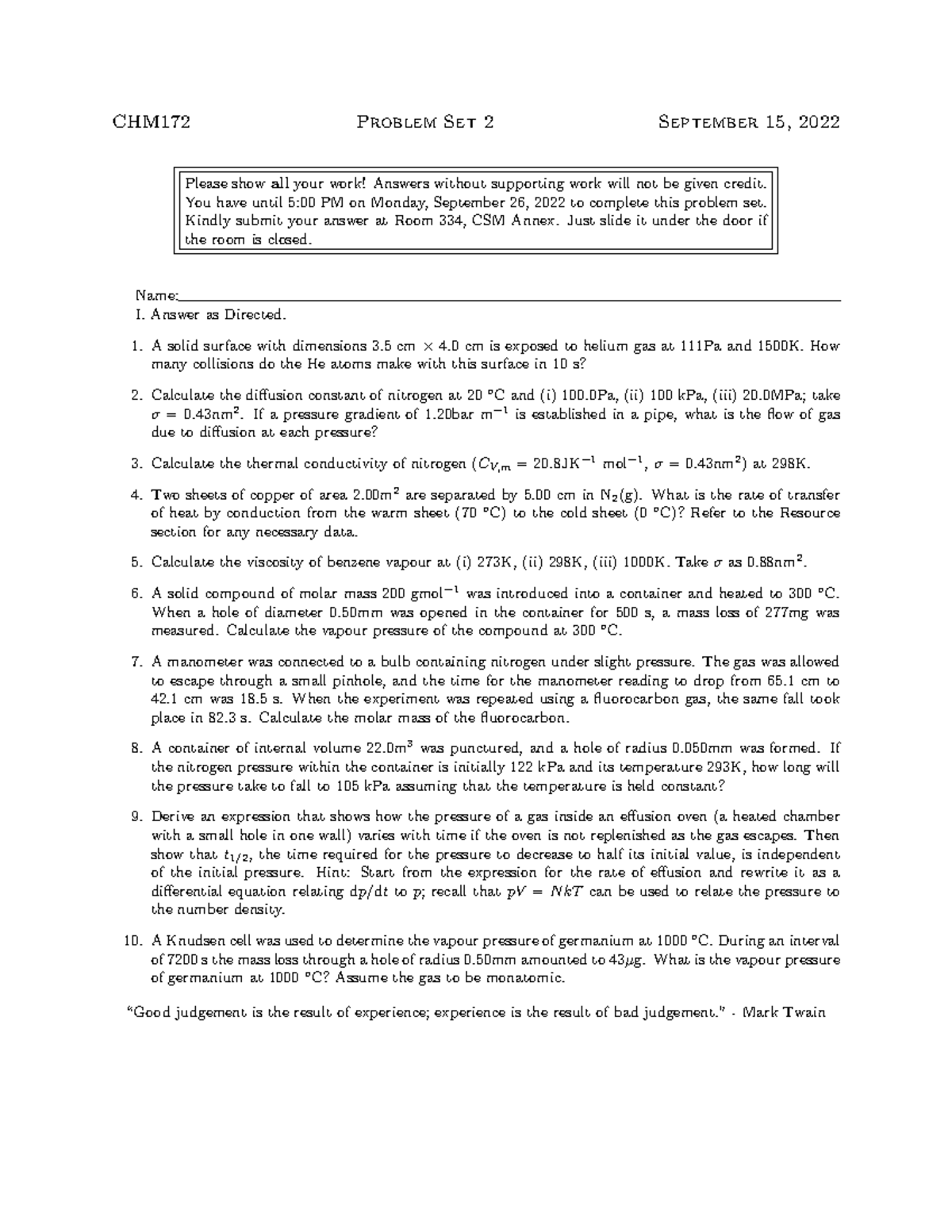 CHM172 Problem Set 2 1st Sem 2022-2023 - CHM172 Problem Set 2 September ...