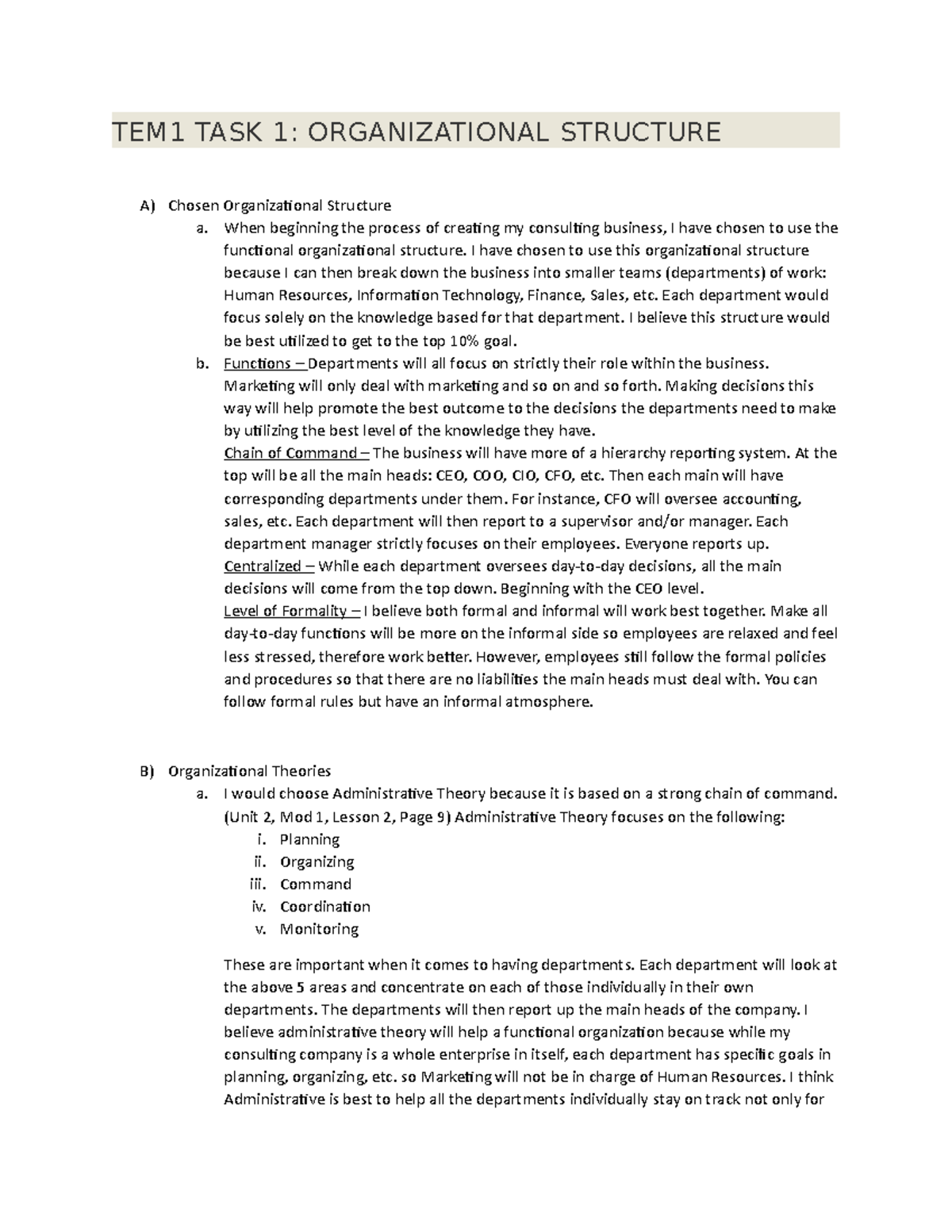 TEM1 TASK 1 Organizational Structure - TEM1 TASK 1: ORGANIZATIONAL ...