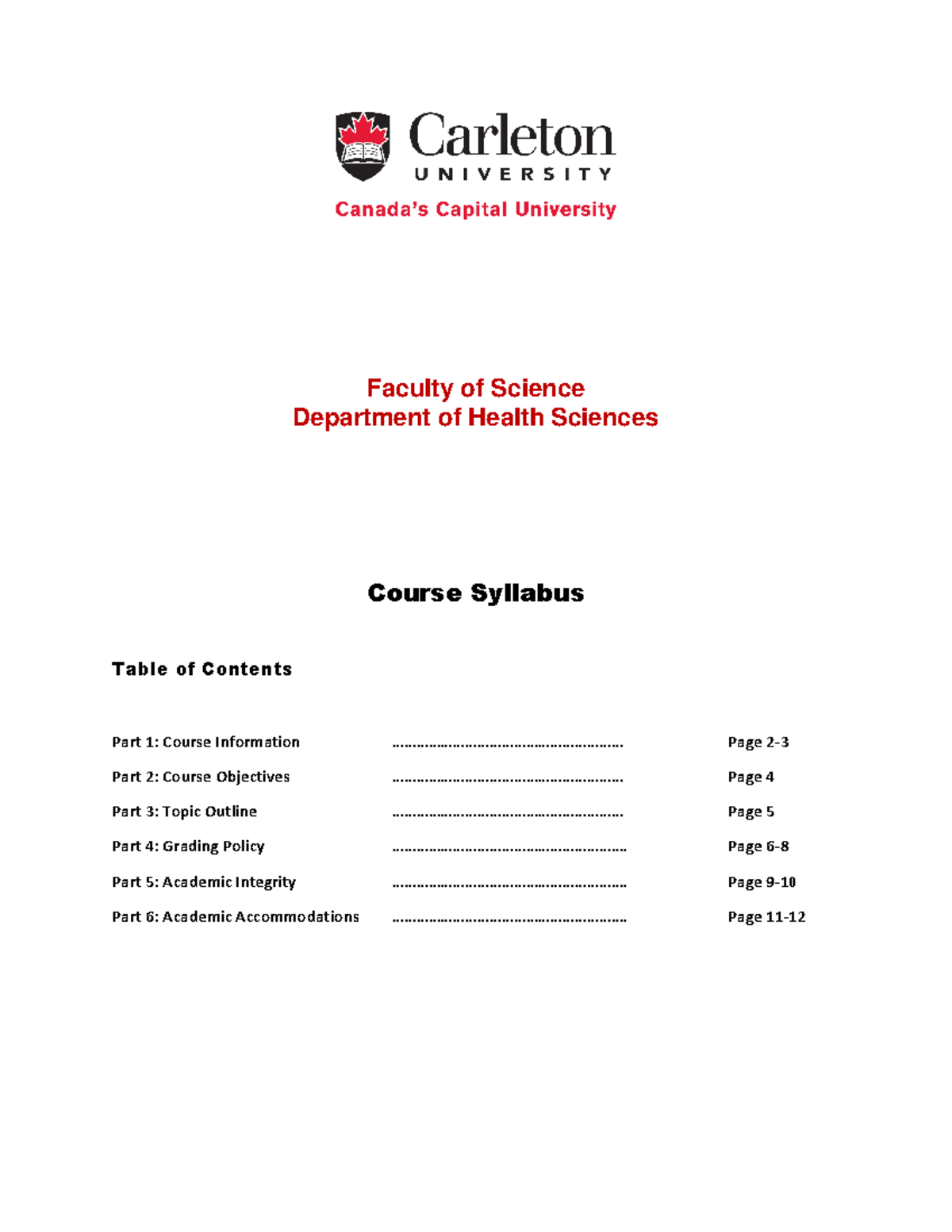 HLTH 1001 A - Course outline - Faculty of Science Department of Health ...