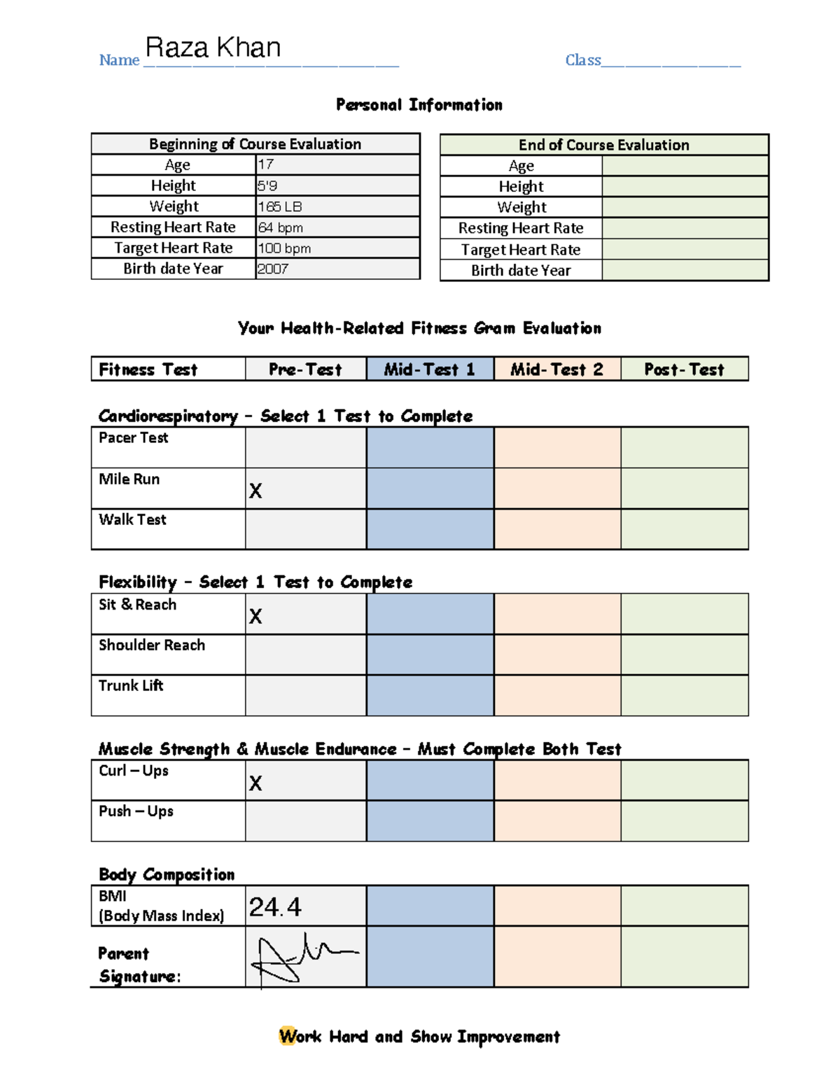 Fitness Gram Testing Log Sheet - PDF Auto Fill-3 - Name