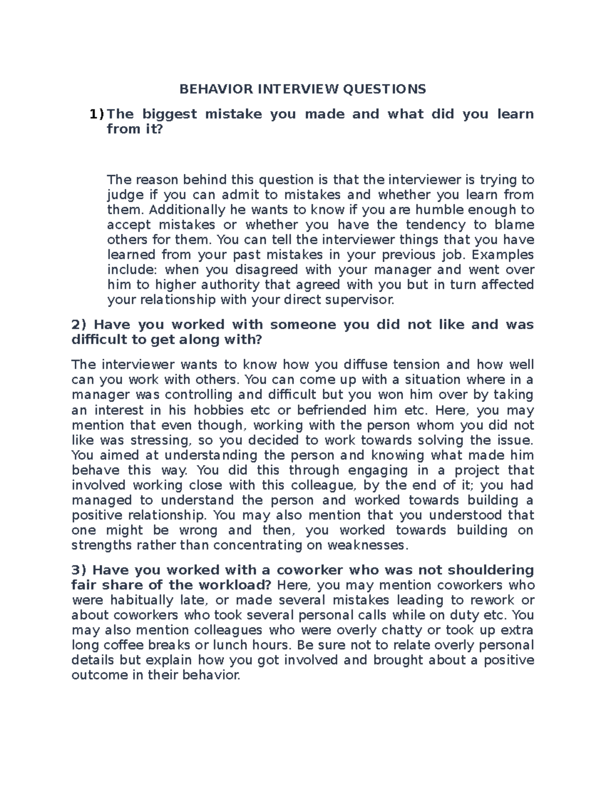 Behavior Interview Questions - BEHAVIOR INTERVIEW QUESTIONS 1)The ...