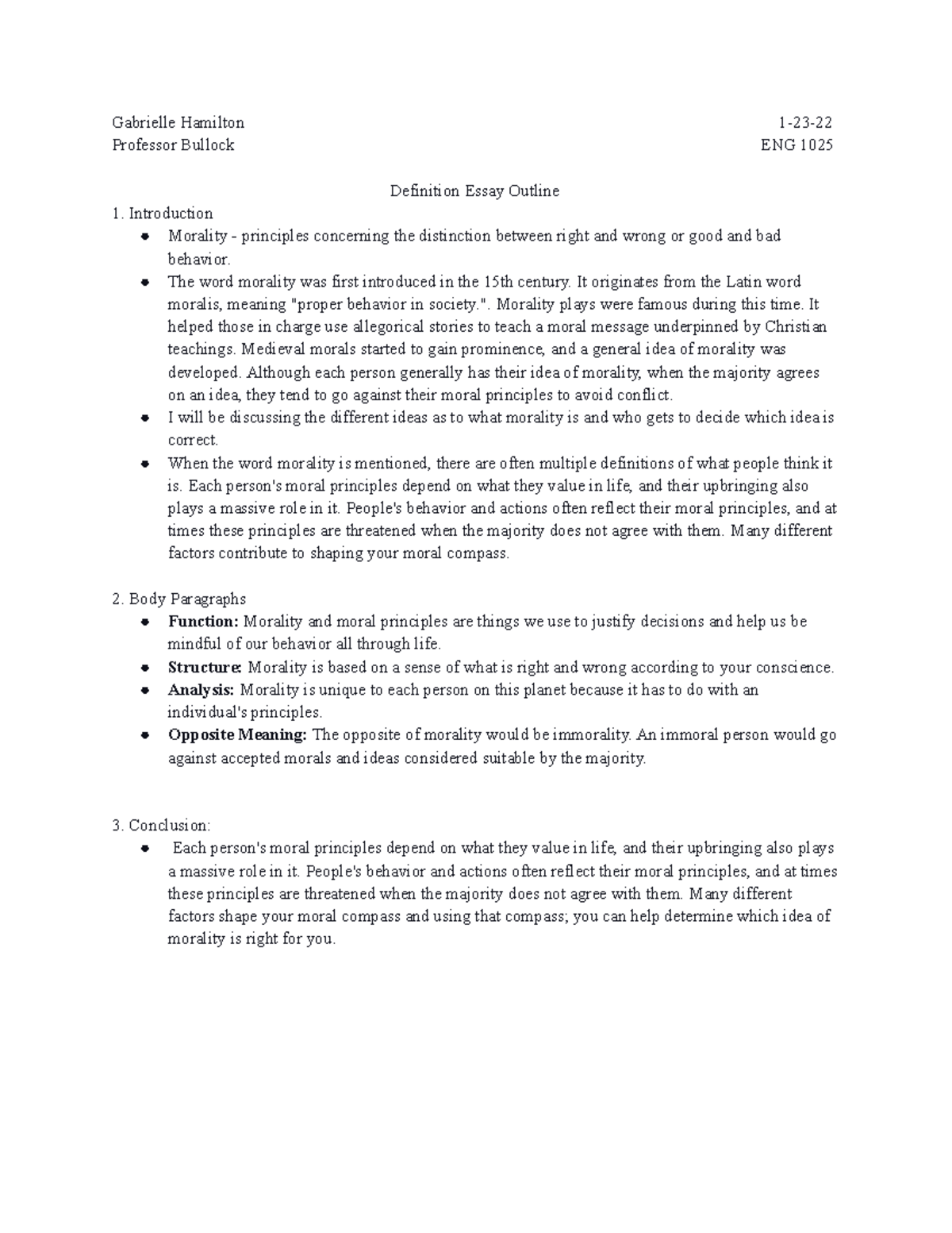 Definition Essay Outline - Gabrielle Hamilton 1-23- Professor Bullock ...