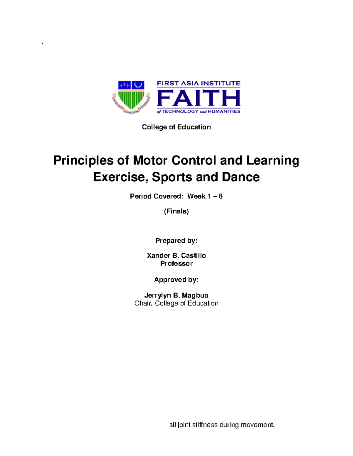 BPE 4 Motor Finals Module - ` College of Education Principles of Motor ...
